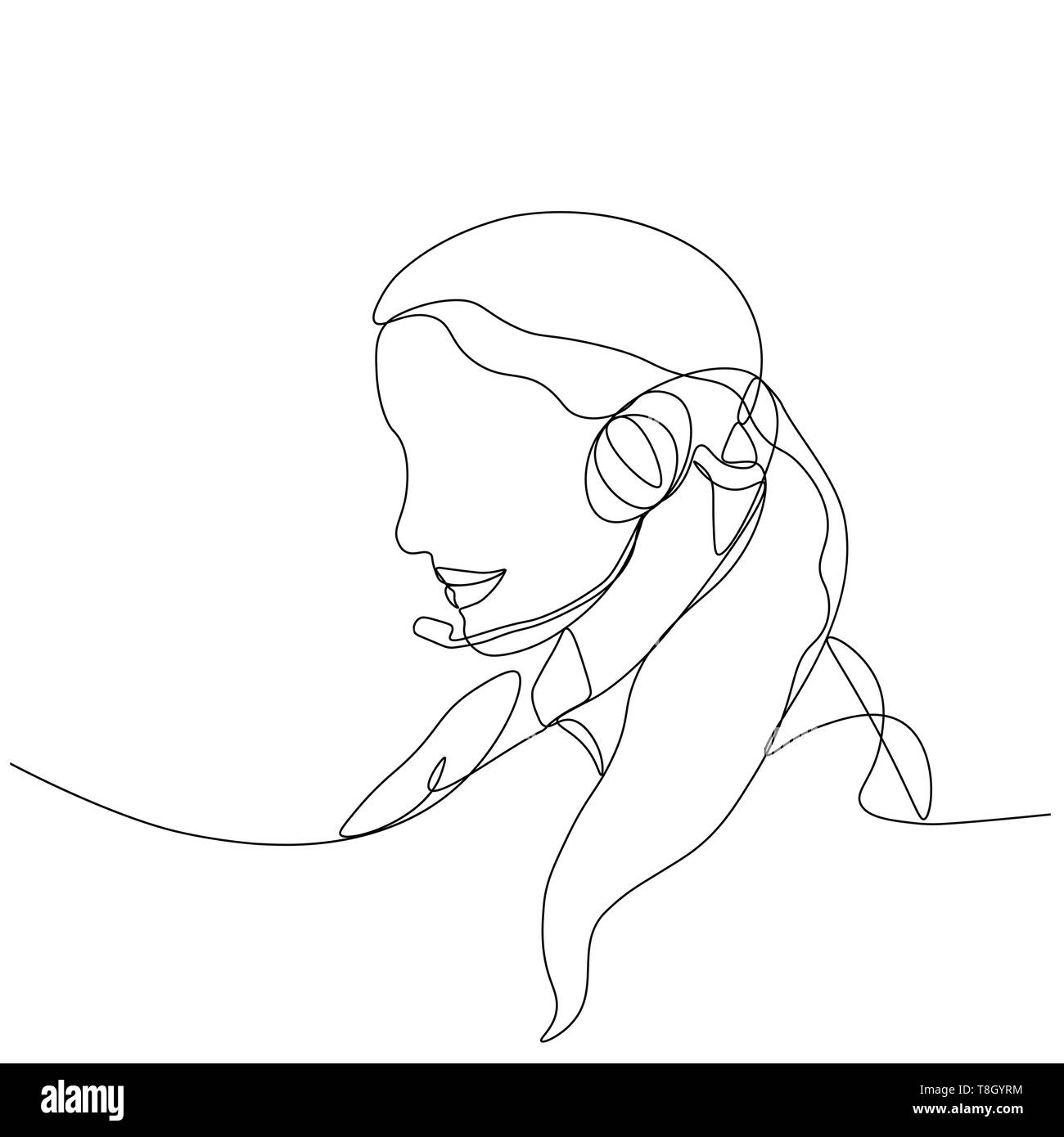 Girl operator or Manager, drawn by one black continuous line. White ...