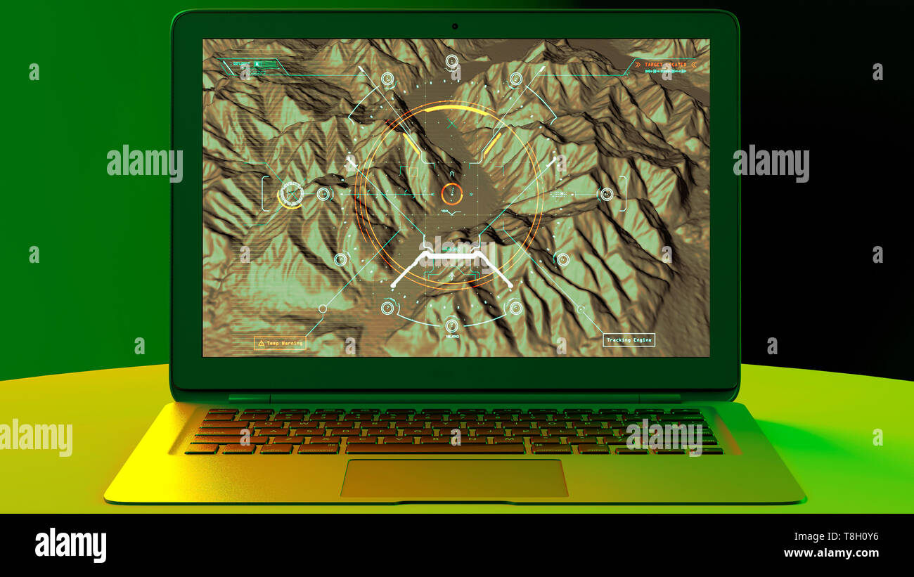 Satellite view of land, war operations, sci-fi, night vision with blue ...