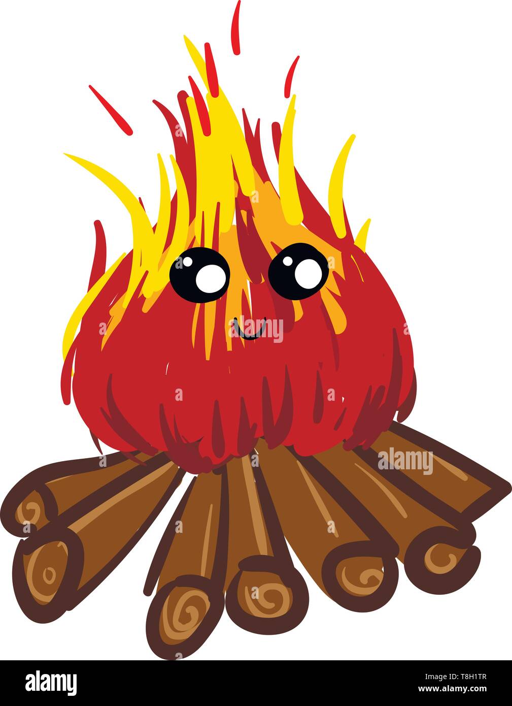 Cartoon fire with face hand drawn design, illustration, vector on white ...