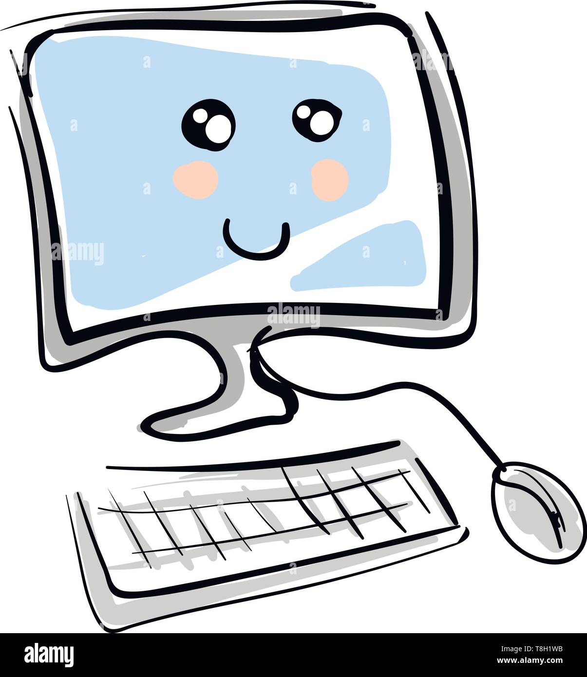 Computer with face character hand drawn design, illustration, vector on ...