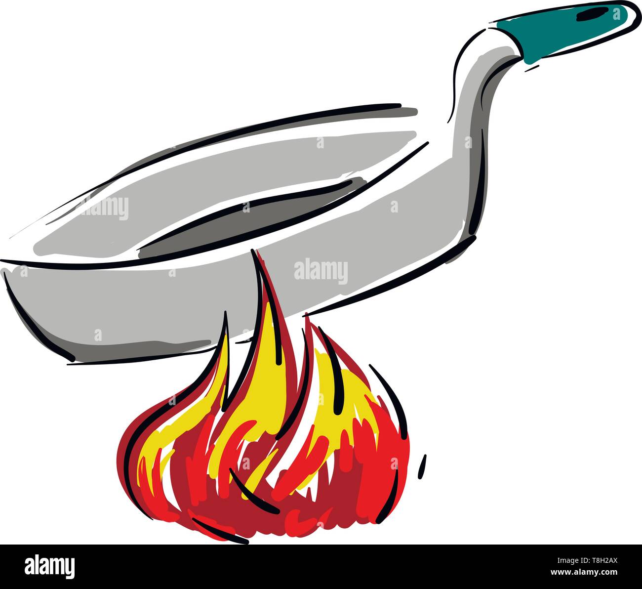 Grey pan with green handle on fire, illustration, vector on white ...