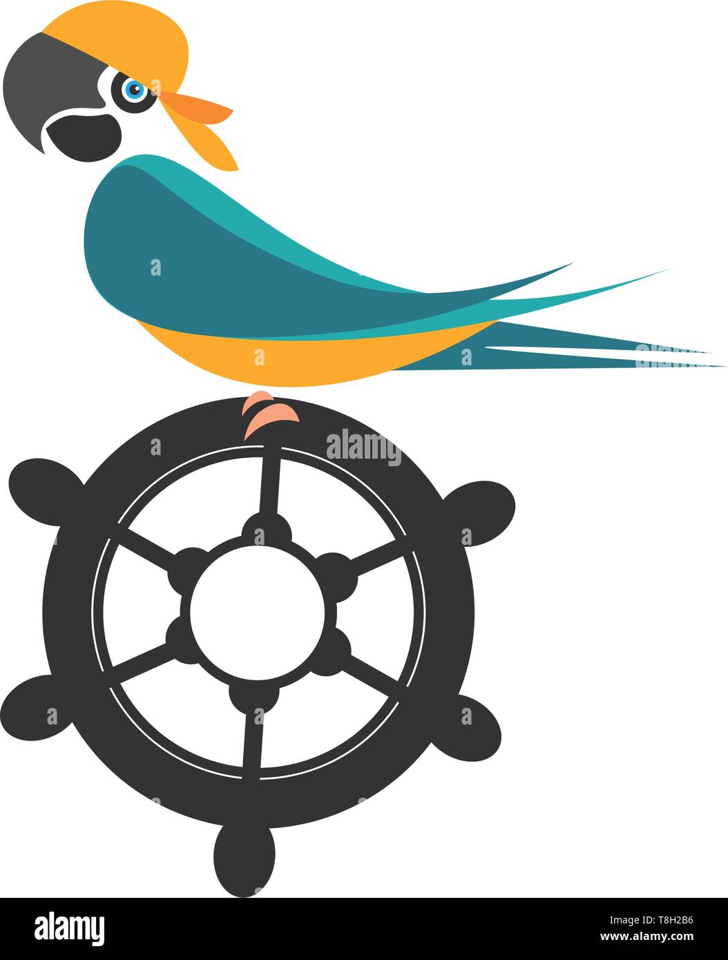 Parrot on the ship's wheel, illustration, vector on white background ...
