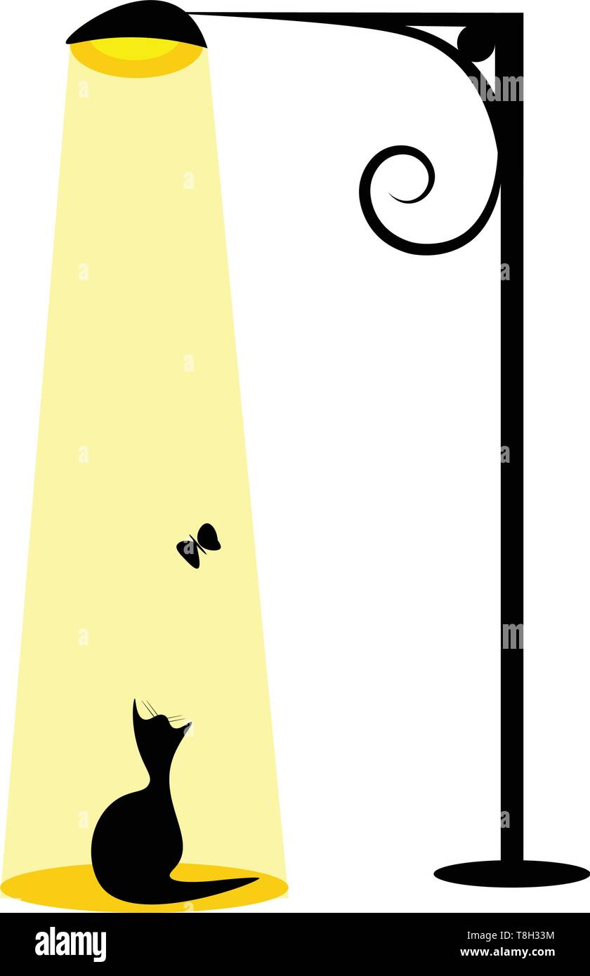 Street lamp and cat hand drawn design, illustration, vector on white ...