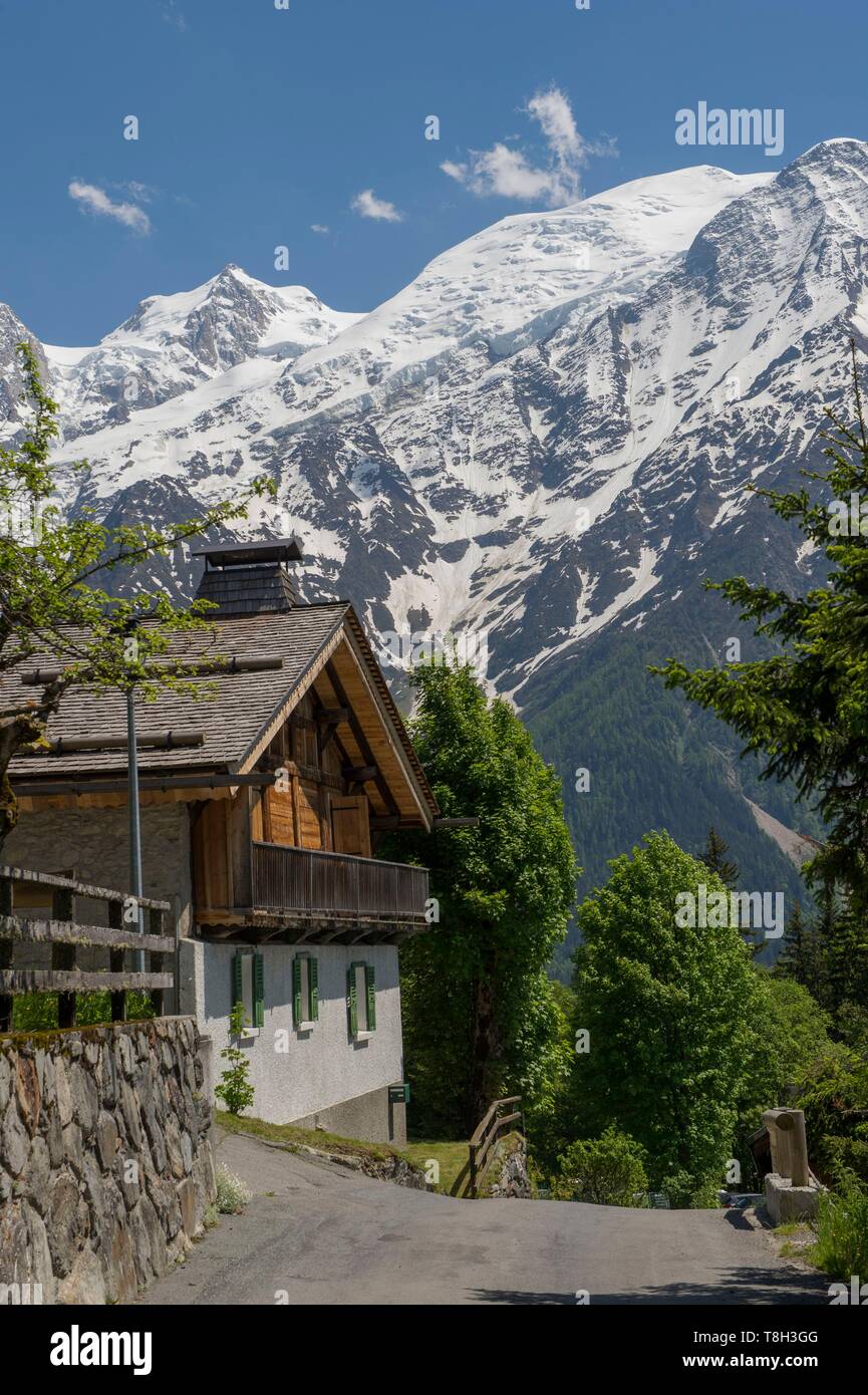 France, Haute Savoie, Chamonix massive red needles, the chalets of the Flatiere and the Mont ...