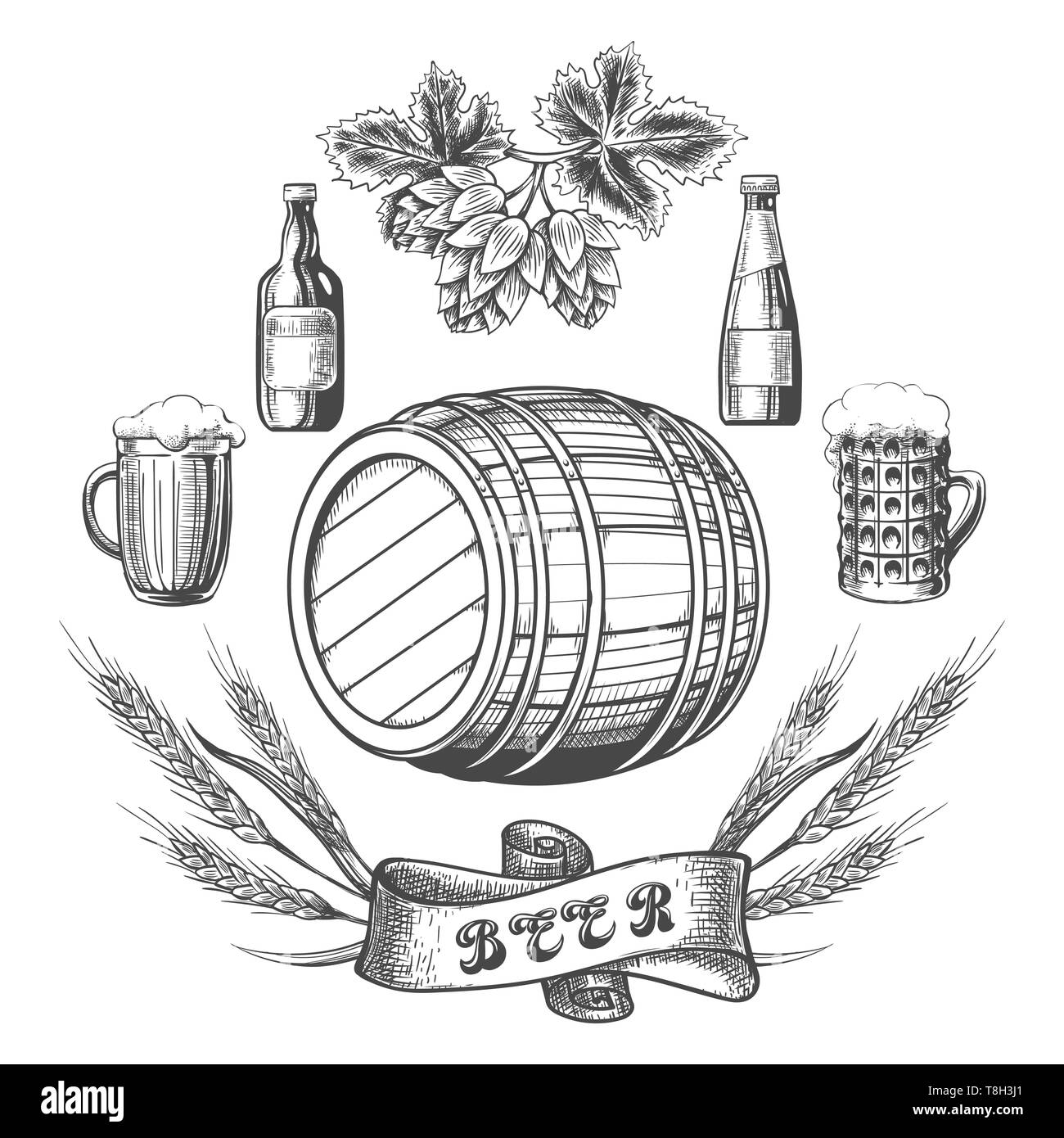 Beer engraving elements. Hand drawn beer ingredients, sketch glass and ...