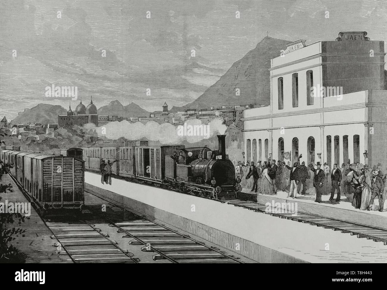 España. Andalucia. Jaén. Llegada del primer tren de viajeros por la ...