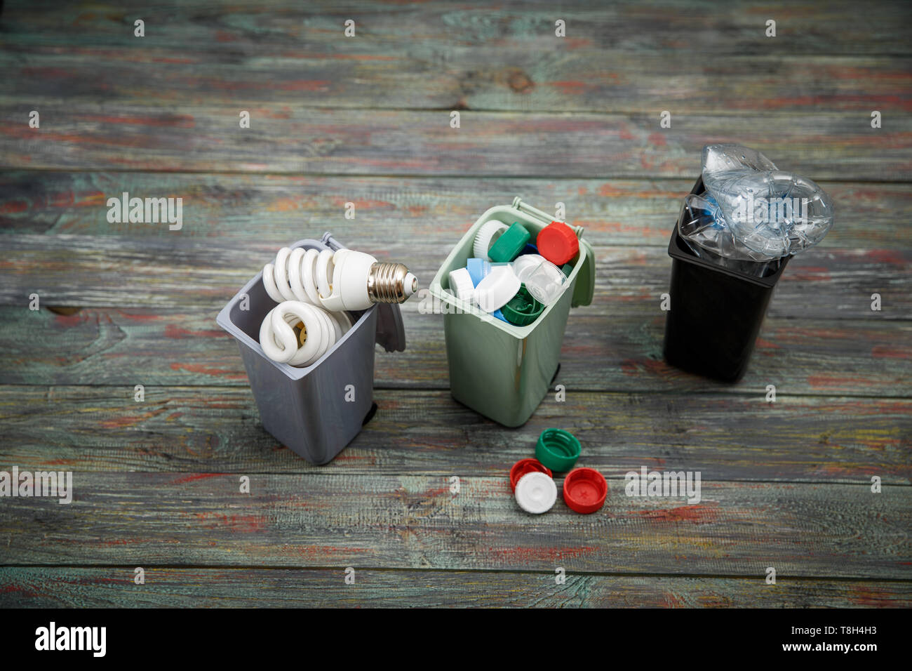 Ecology concept, a lot of recyclable objects in containers Stock Photo ...