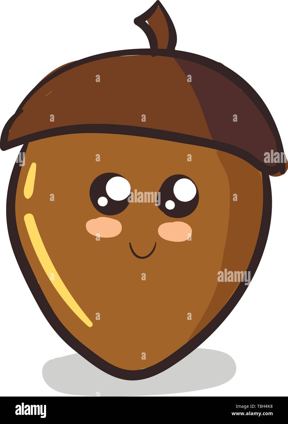 A cute acorne nut with a smiley and pink checks , vector, color drawing ...
