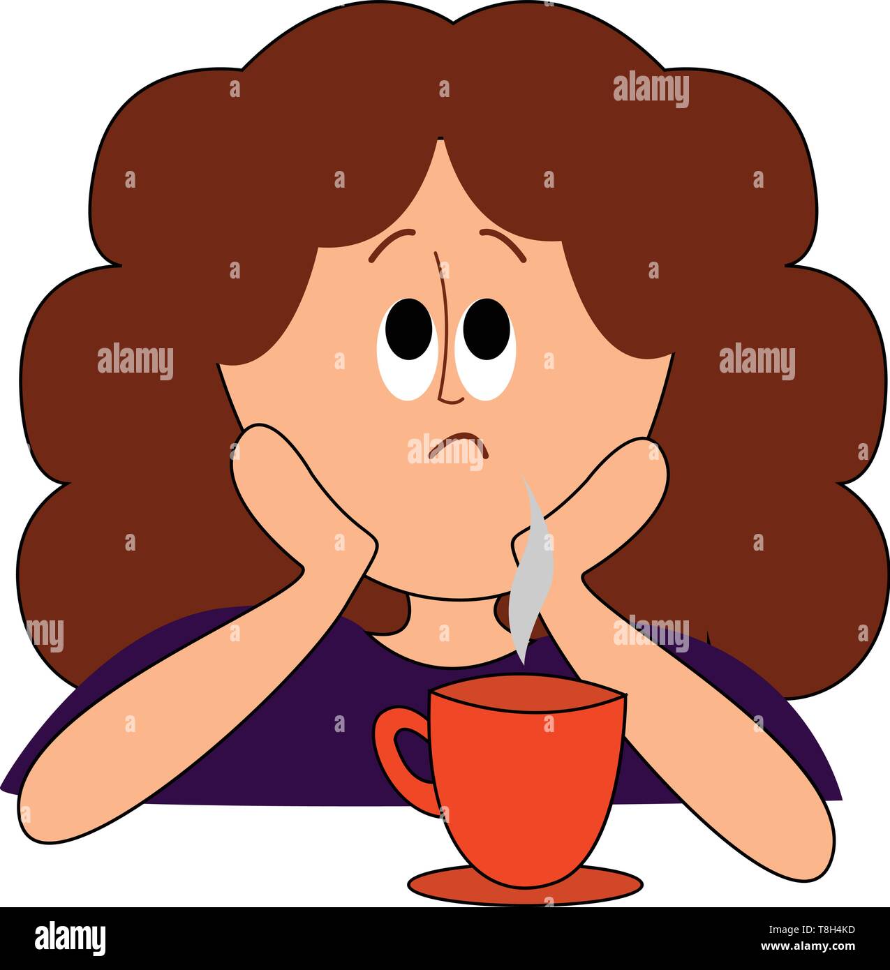A sad girl sitting with a cup of hot tea , vector, color drawing or ...