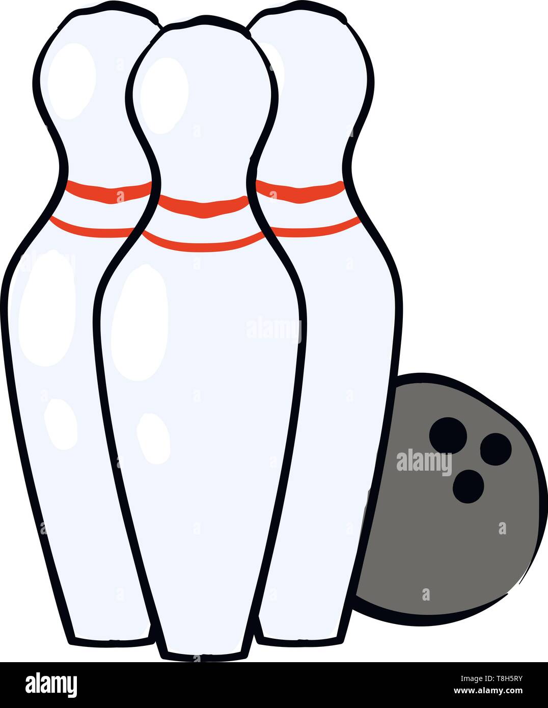 A bowling ball and three white pins near it , vector, color drawing or ...