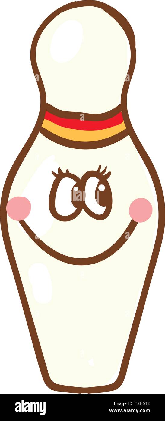 A bowling pin with a very bright, big smile , vector, color drawing or ...