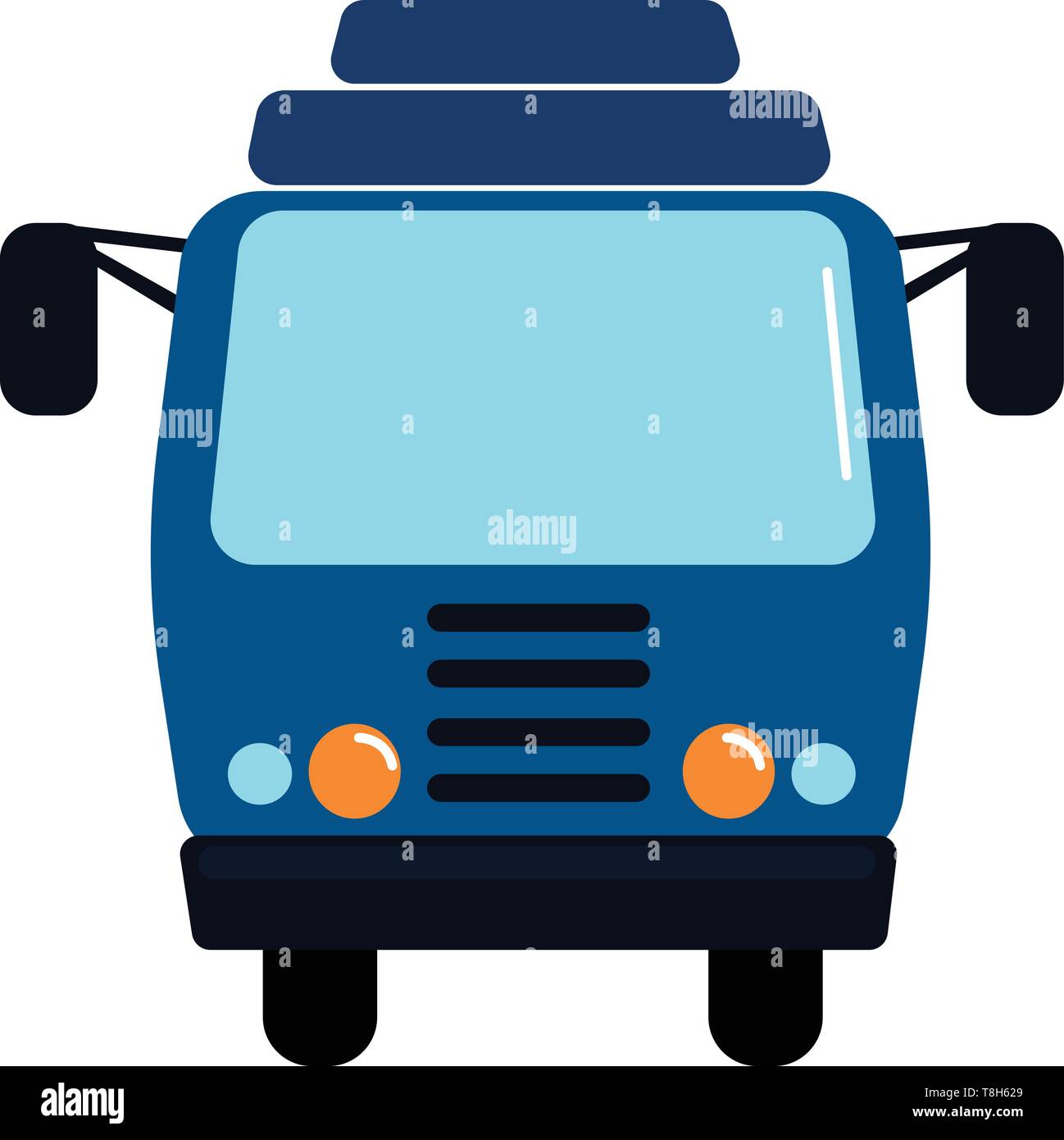 Front view of a blue mini bus with projecting side mirror and orange ...