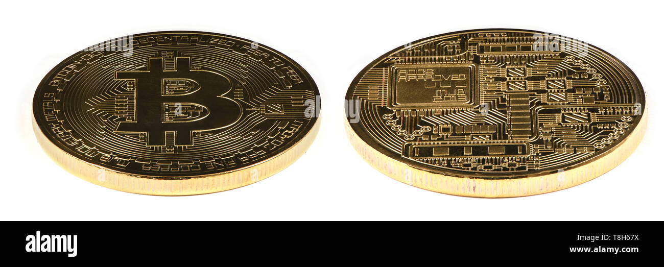 Golden bitcoin isolated on white background. Front and back sides are ...