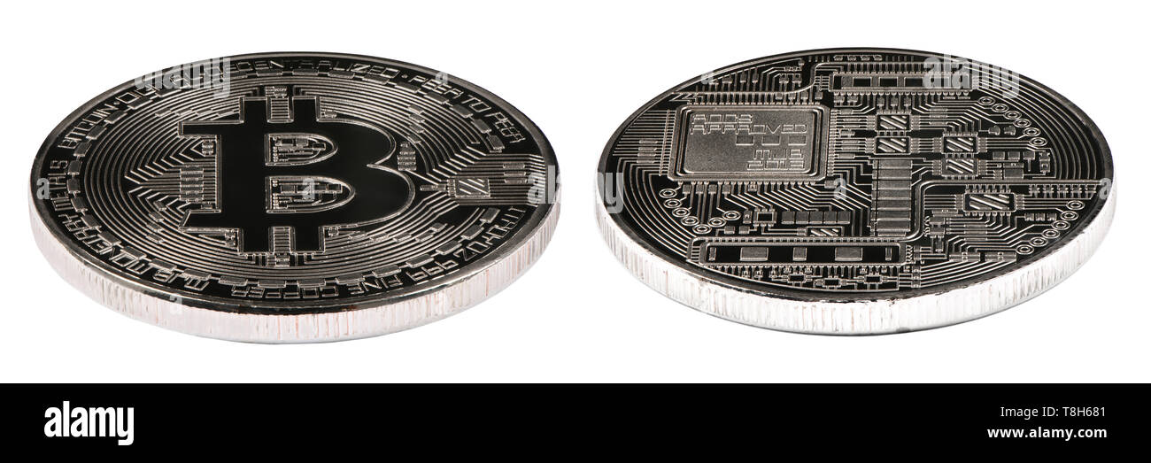 Silver bitcoin isolated on white background. Front and back sides are ...