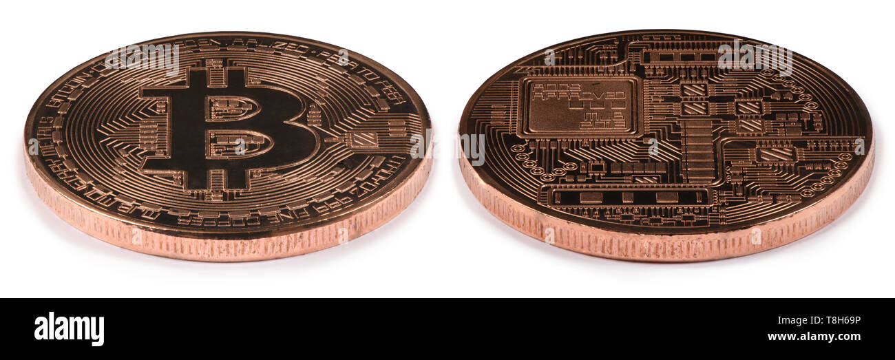 Bronze bitcoin isolated on white background. Front and back sides are ...