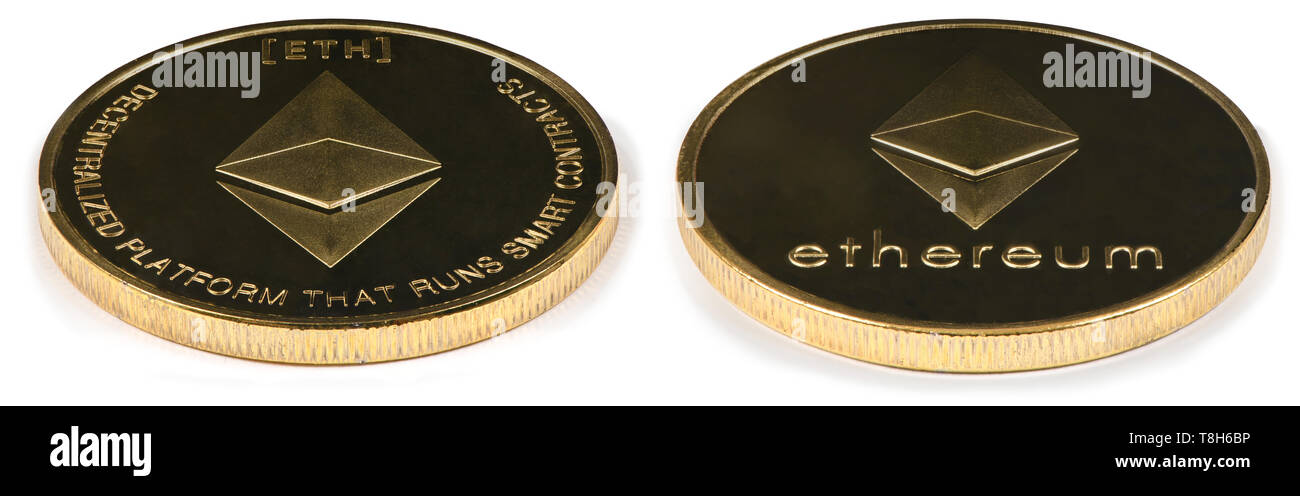 Golden ethereum isolated on white background. Front and back sides are ...
