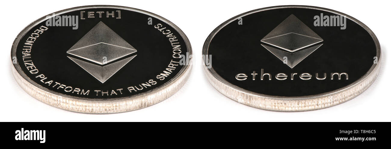 Golden ethereum isolated on white background. Front and back sides are ...