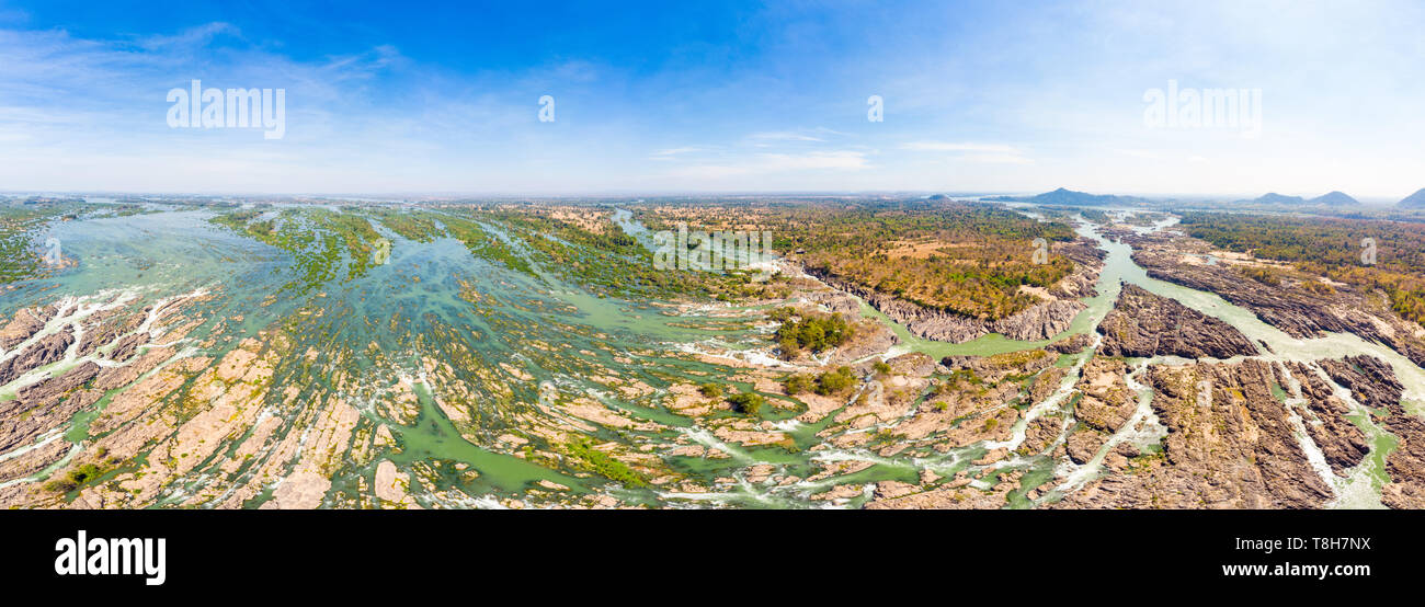 Aerial panoramic 4000 islands Mekong River in Laos, Li Phi waterfalls ...