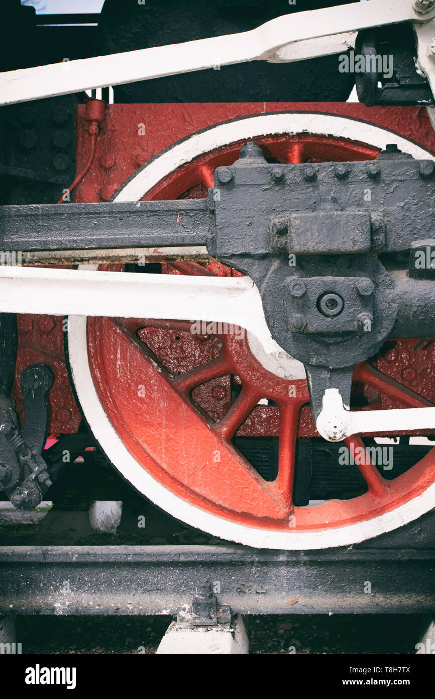 Retro steam locomotive wheels and rods. Details of mechanical parts ...
