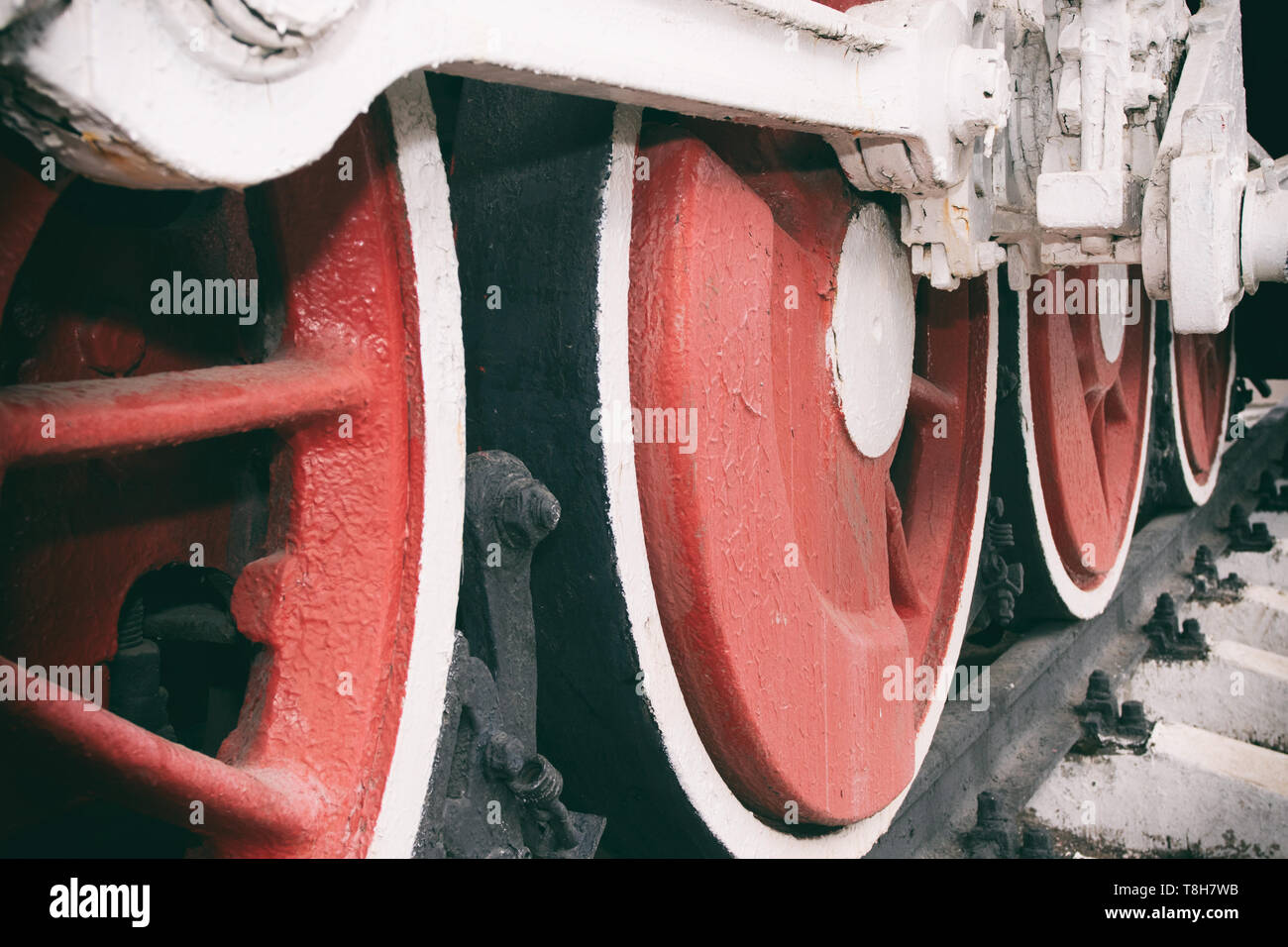Retro steam locomotive wheels and rods. Details of mechanical parts ...