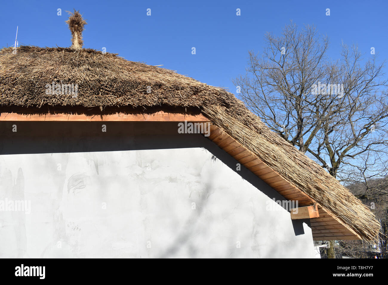 Traditional African thatched roof against a blue sky Stock Photo - Alamy