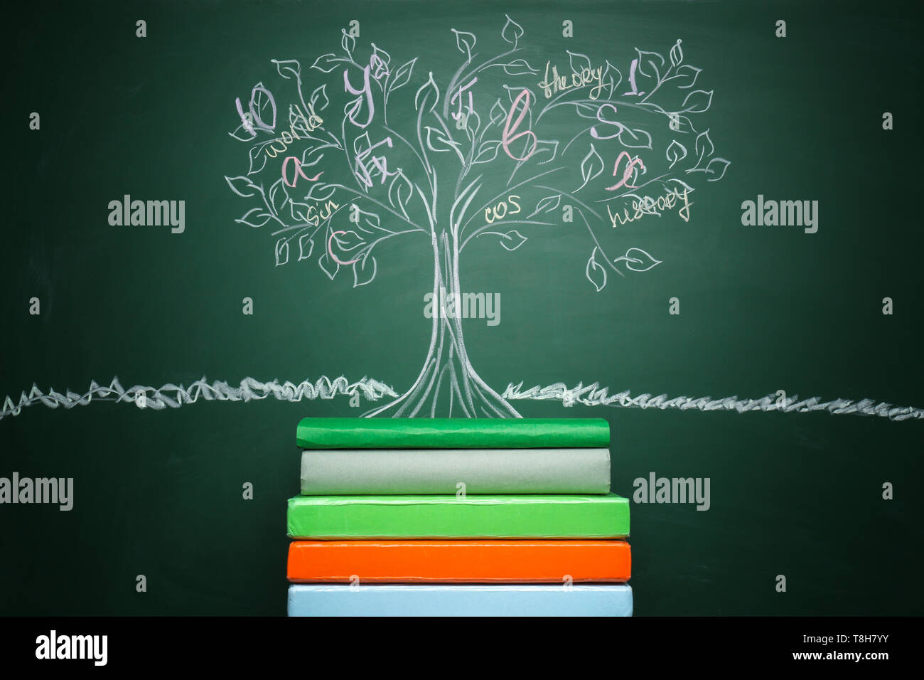 Stack of books and drawn tree on chalkboard Stock Photo - Alamy