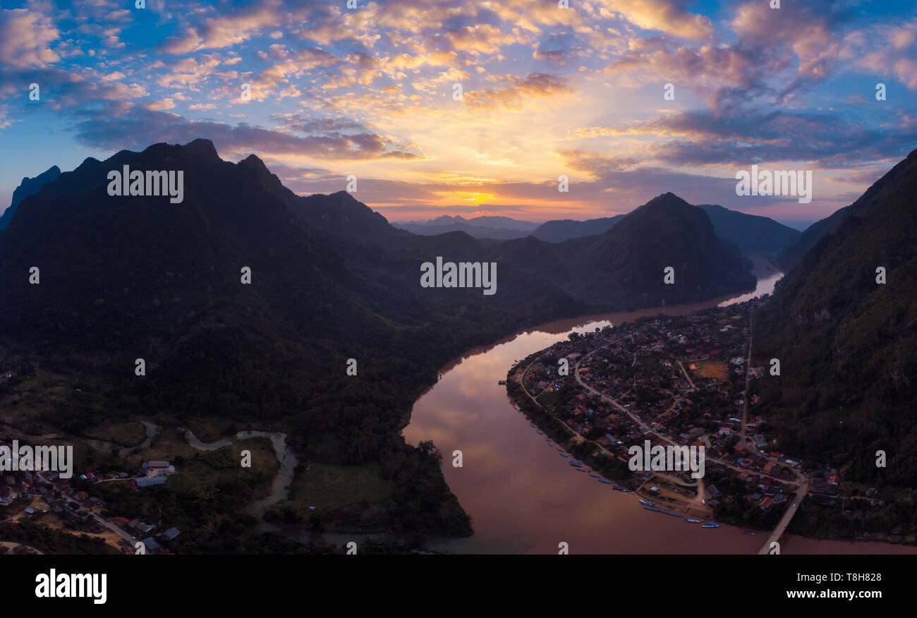 Aerial panoramic Nam Ou River Nong Khiaw Muang Ngoi Laos, sunset ...