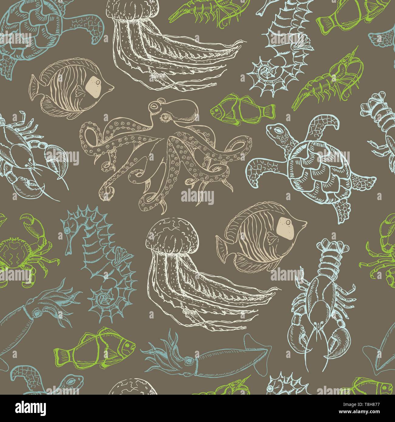 Seamless pattern with hand drawn sea animals on a brown background ...