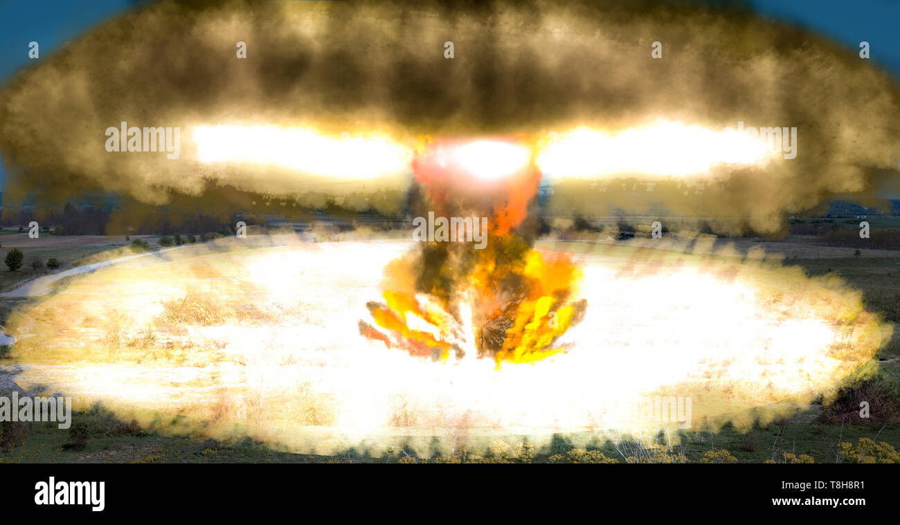 Nuclear explosion over the field. View of mushroom of the atomic bomb ...