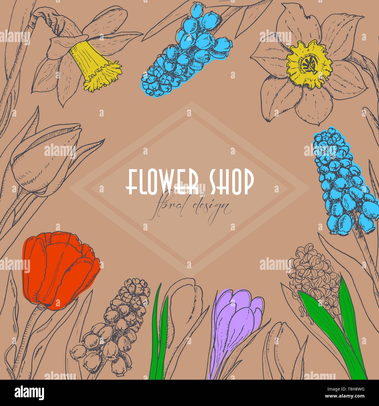 Vector background with spring flowers on a beige background. Vector ...