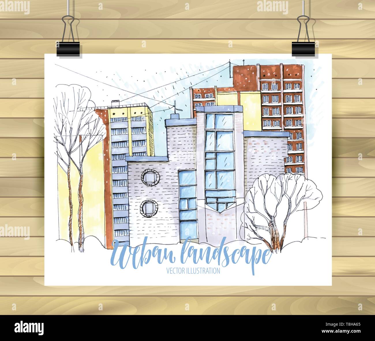 Hand drawn City Sketch for your design,Drawn in color ink or markers on ...