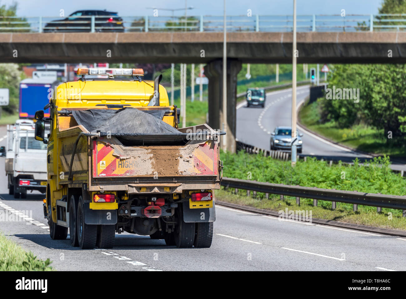 highway maintenance tipper lorry truck on uk motorway in fast motion ...