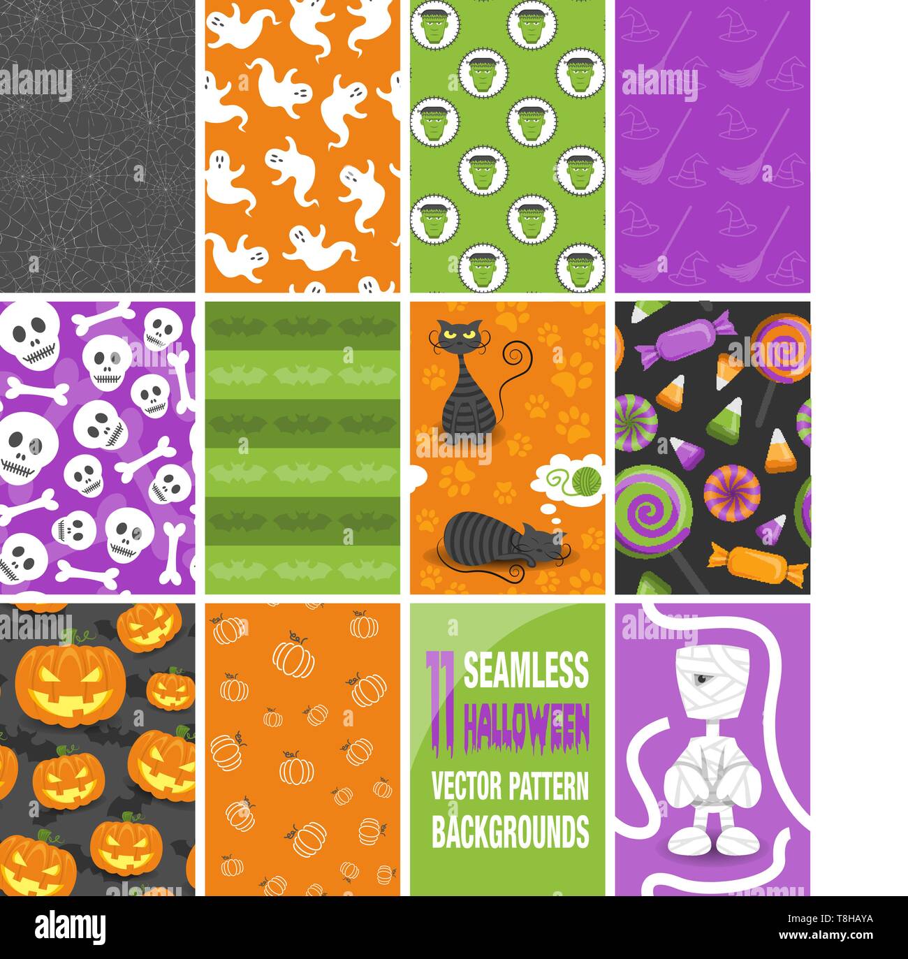 Halloween vector background seamless pattern in green orange purple ...