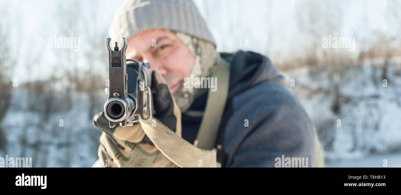 Kalashnikov rifle front view gun point. Direct macro detail close-up of ...