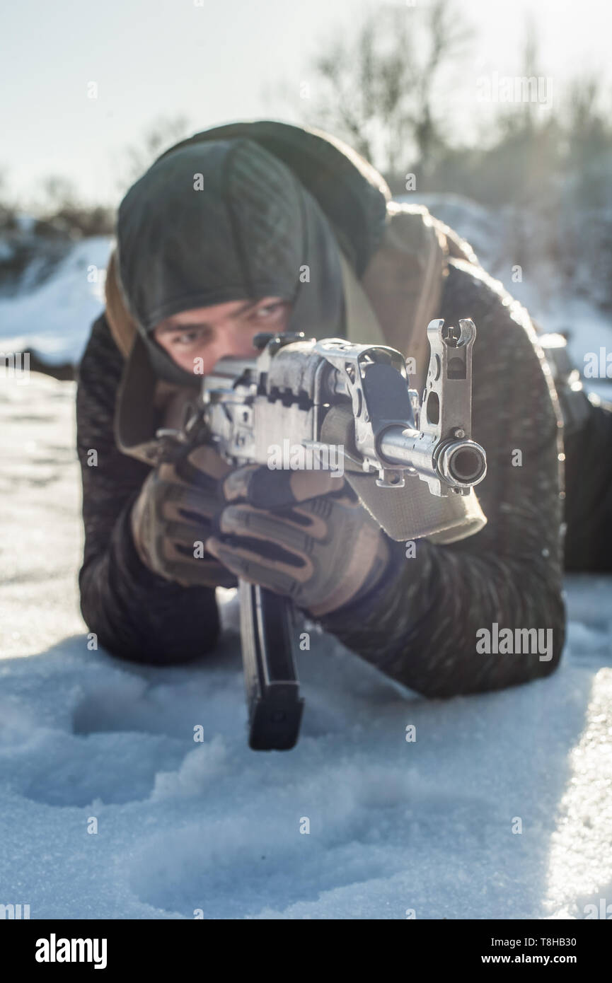 Kalashnikov rifle front view gun point. Direct macro detail close-up of ...