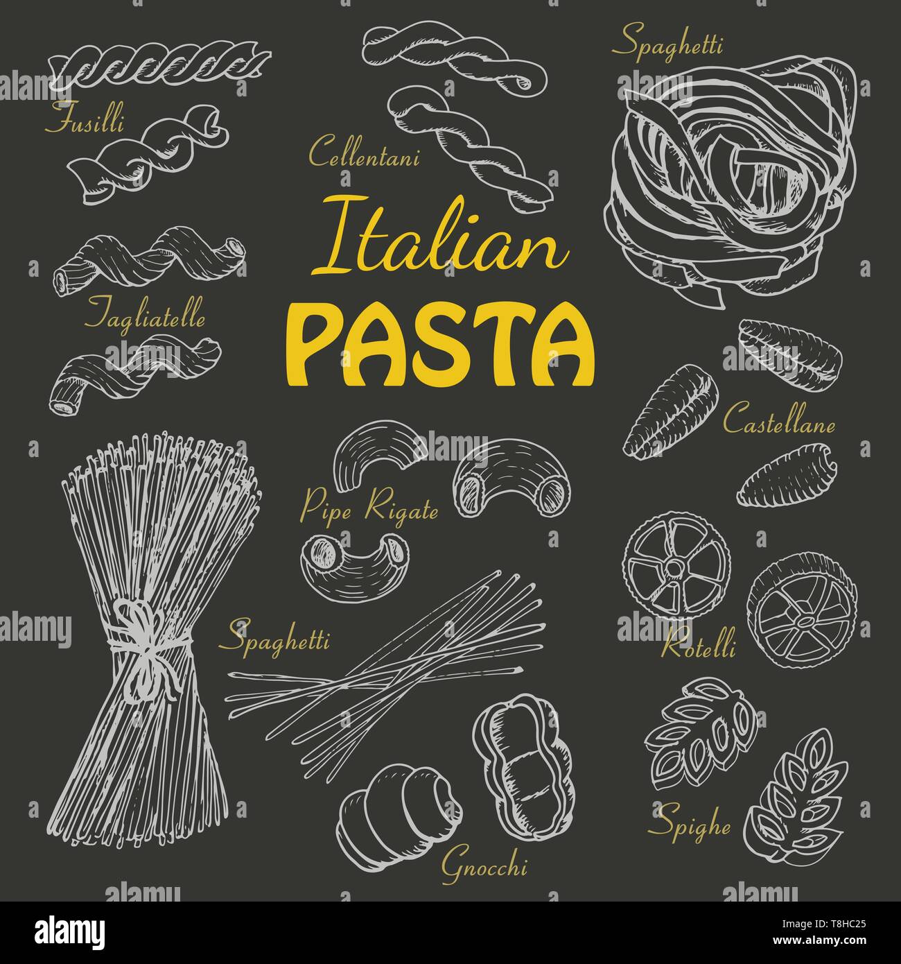 Set Italian pasta on a dark background. Vector illustration for your ...