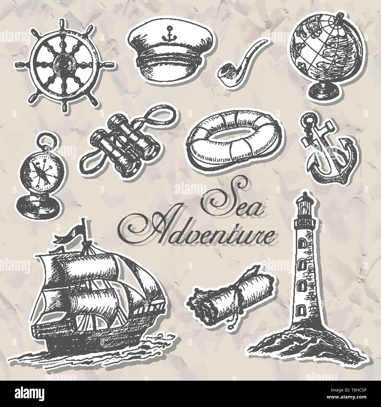 Collection of stickers with maritime subjects in sketch style. Vector ...