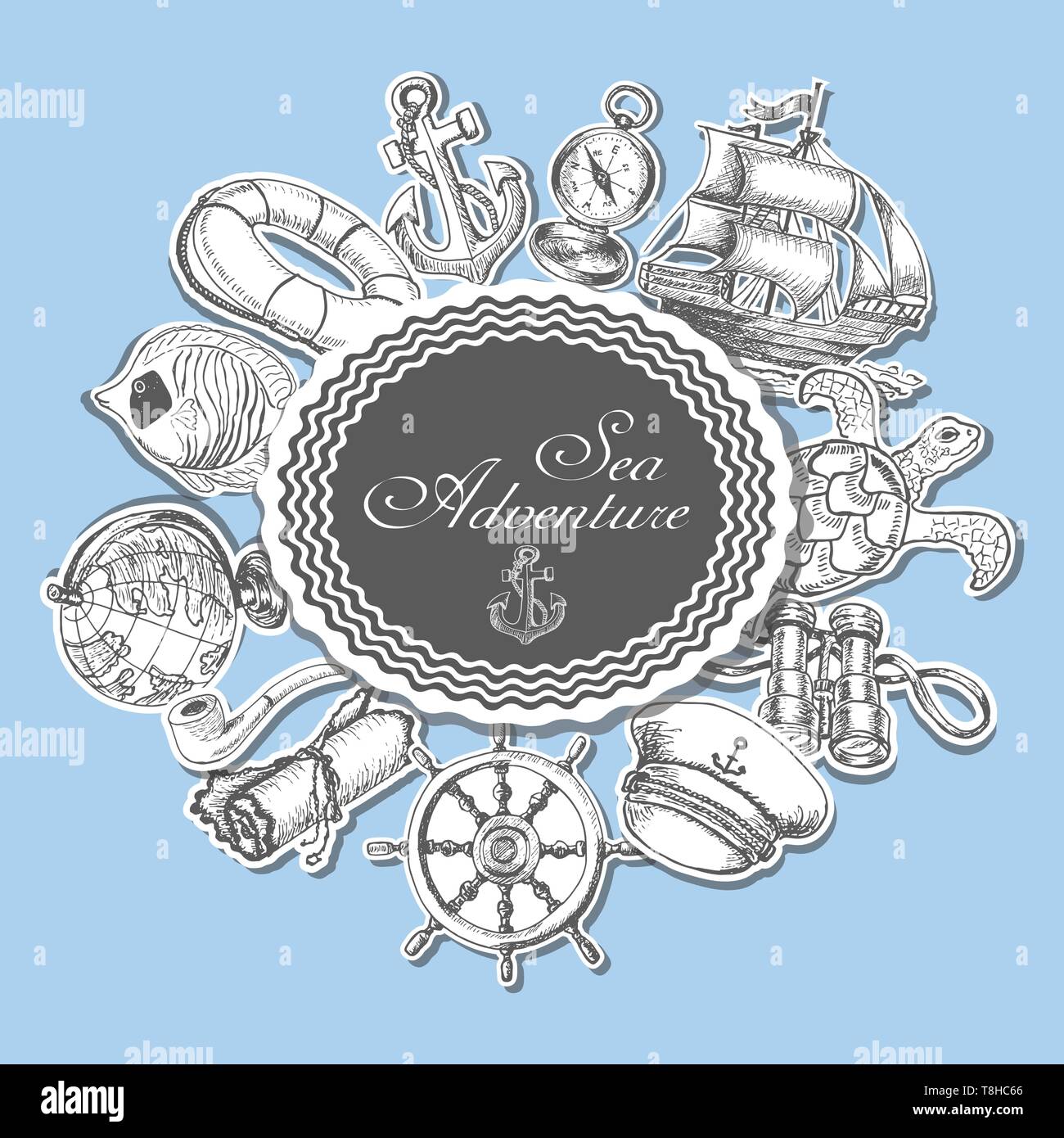 Vector frame with hand drawn marine items. Vector illustration for your ...