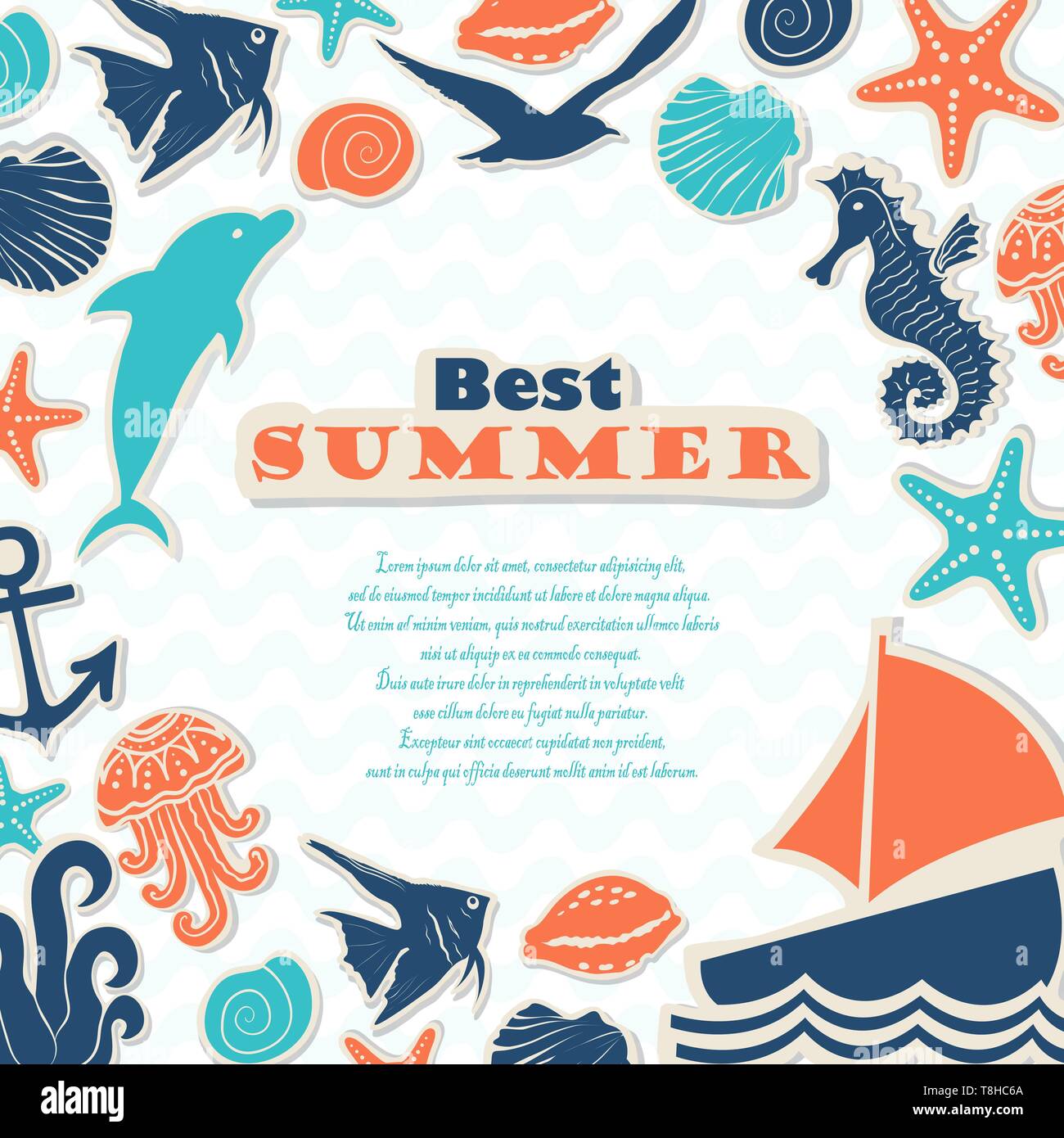 Vector background with stickers on the marine theme. Vector ...