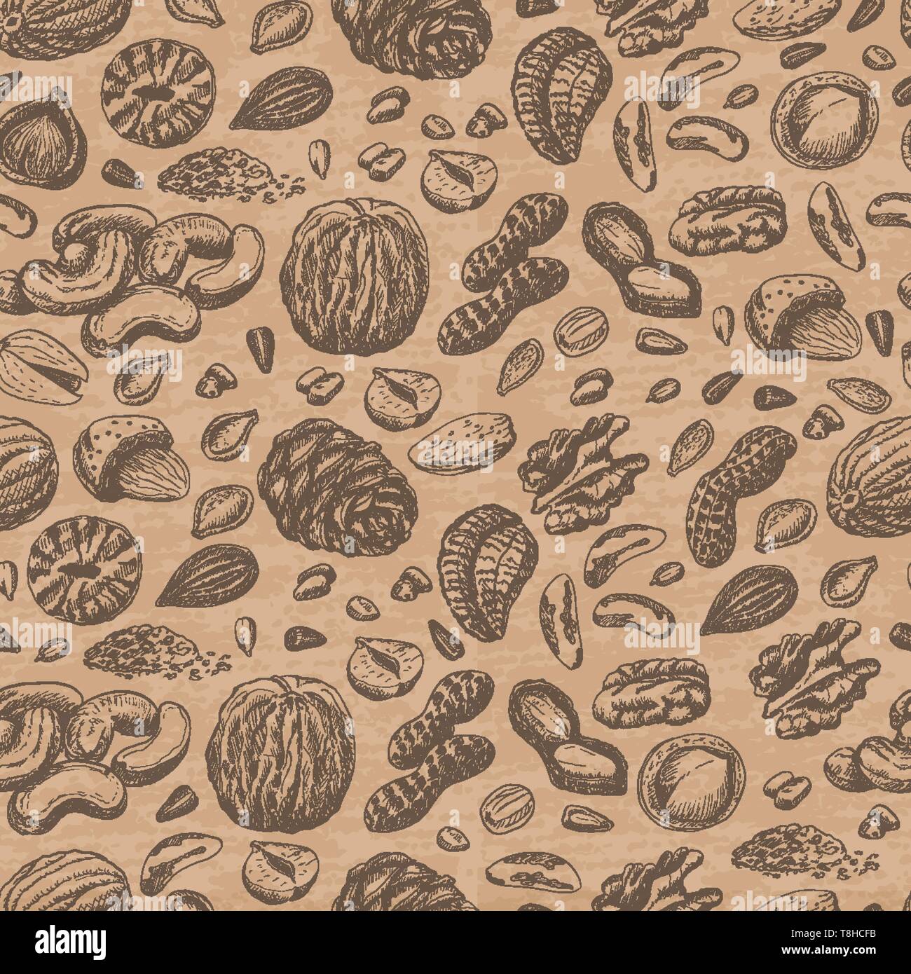 Seamless pattern with seeds and nuts on beige background. Vector ...