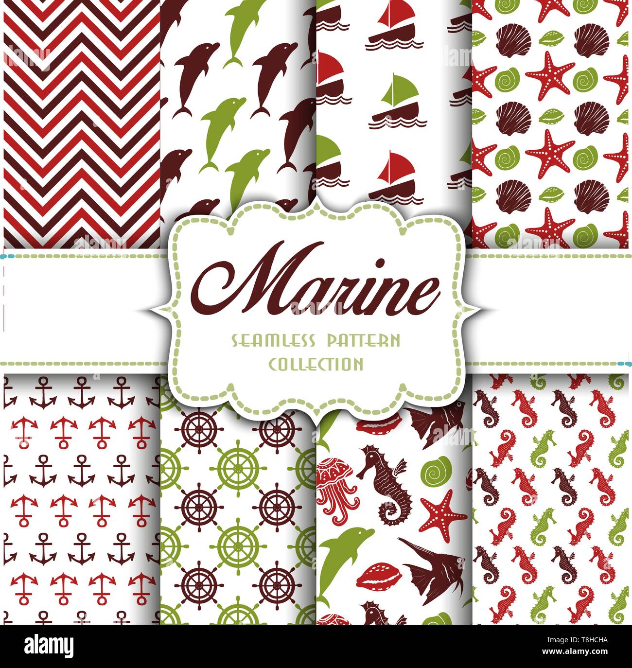 Big collection of seamless patterns with marine elements. Vector ...