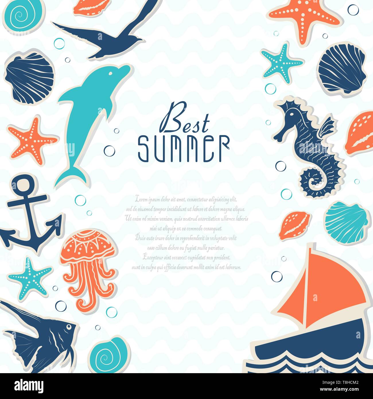 Vector background with stickers on the marine theme. Vector ...