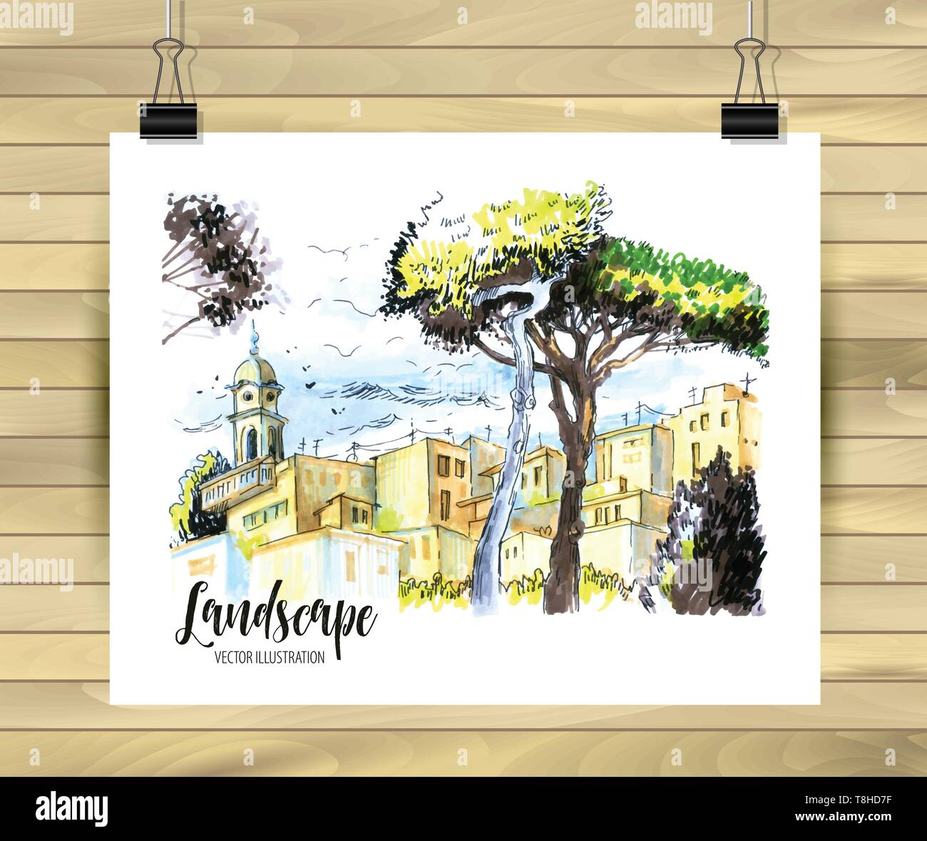 Hand drawn old City Sketch for your design,Drawn in color ink or ...