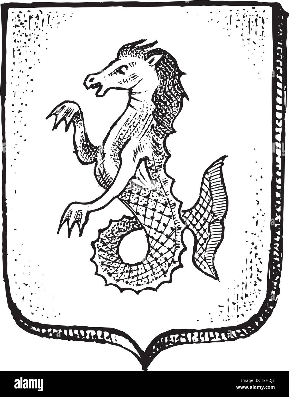 Animal for Heraldry in vintage style. Engraved coat of arms with fish ...