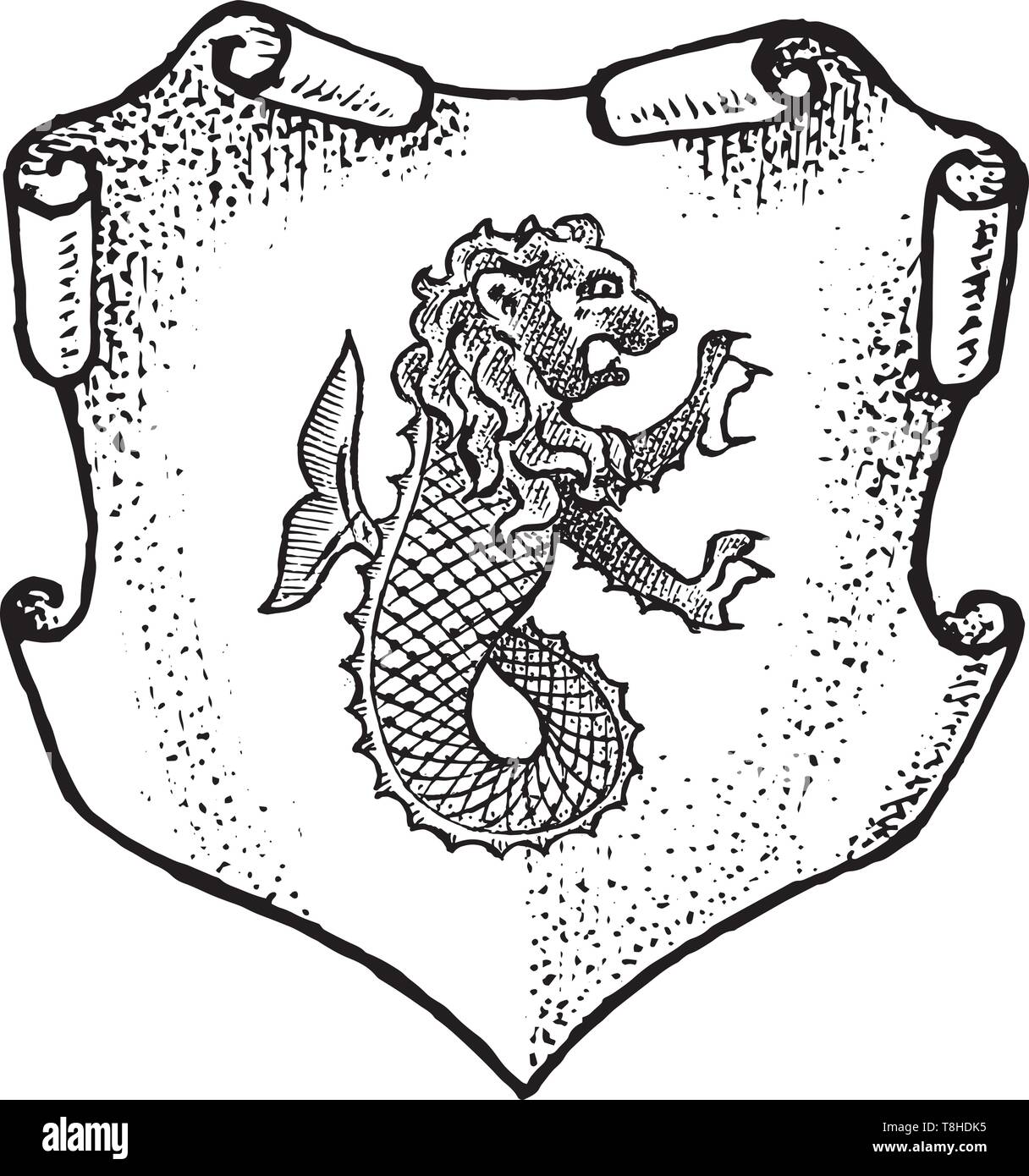 Animal for Heraldry in vintage style. Engraved coat of arms with lion ...