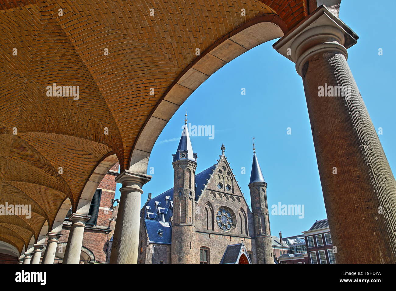 View through arcades of the Ridderzaal (Knight's Hall), which forms the ...