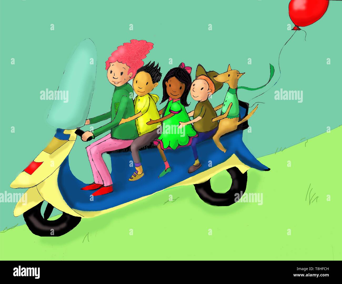 Illustration for children. Kids party on scooter Stock Photo - Alamy