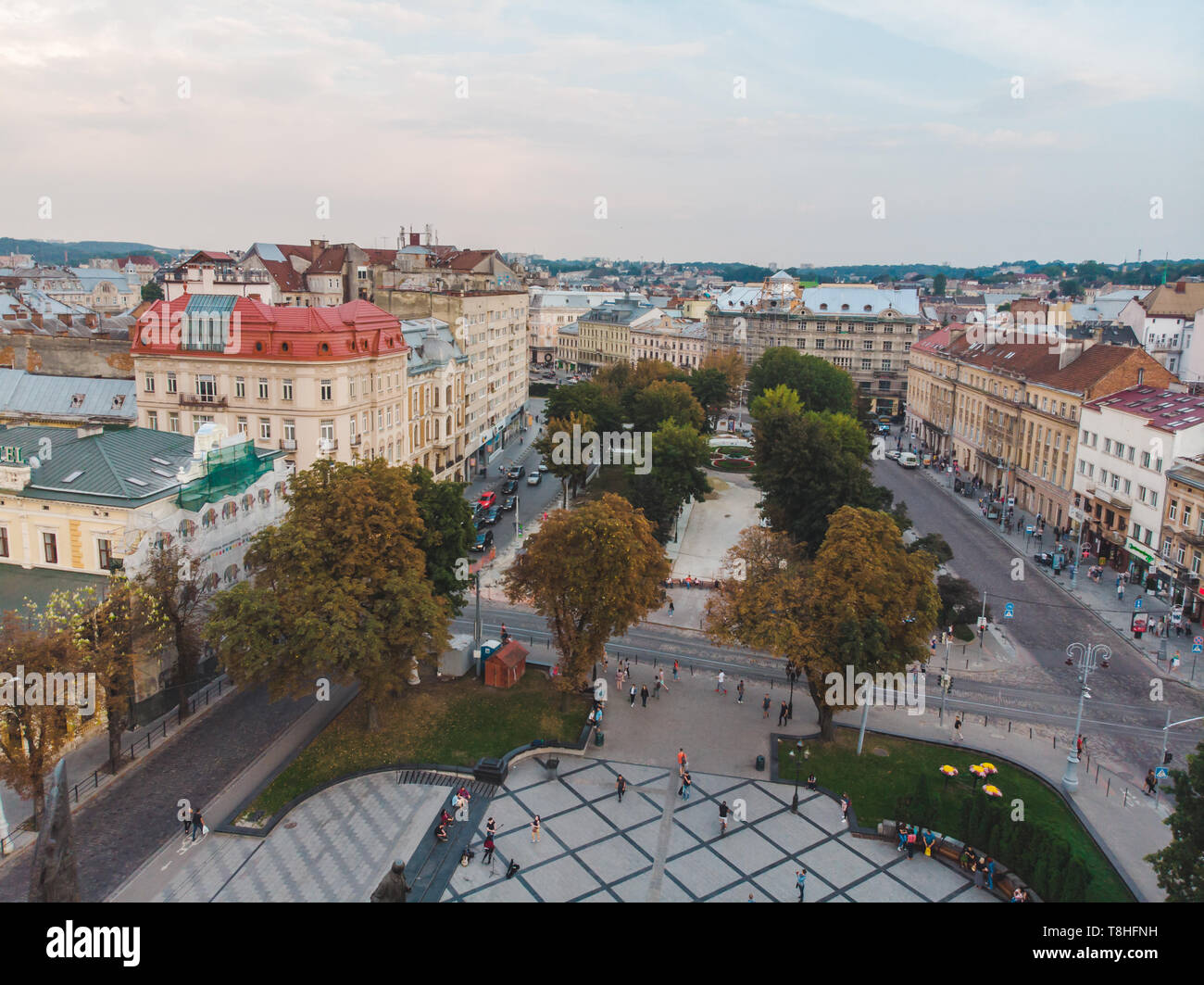 view from above city square in front of old opera building. urban ...