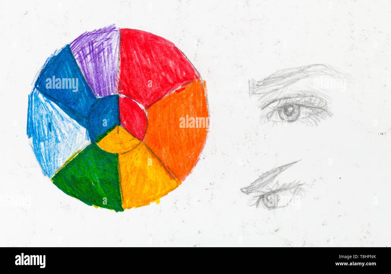 Color wheel and sketches of human eyes hand-drawn by pencils on white ...