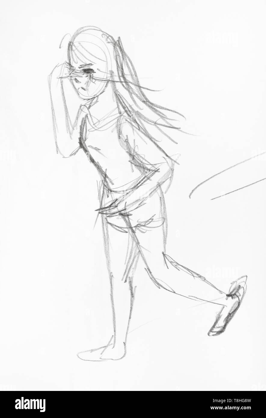 sketch of running girl hand-drawn by black pencil on white paper Stock ...